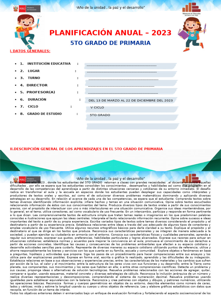 5° PLANIFICACIÓN ANUAL-5to Grado - 2023 | PDF | Números | Geometría