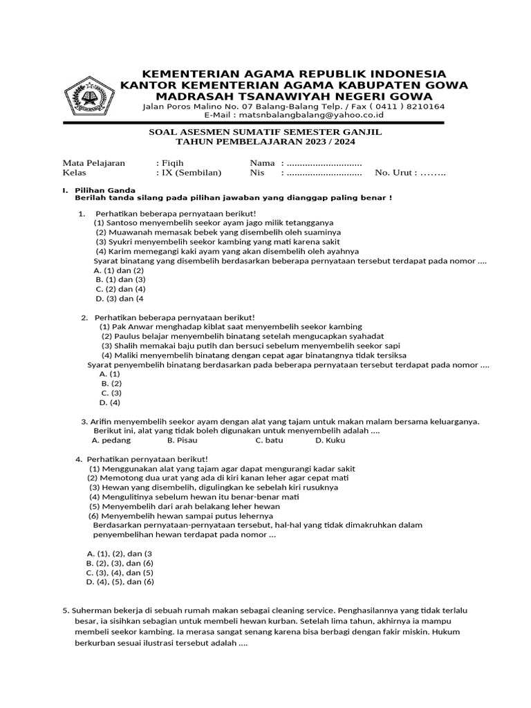 Soal Remedial Semester Ganjil FIKIH Kls 9 | PDF
