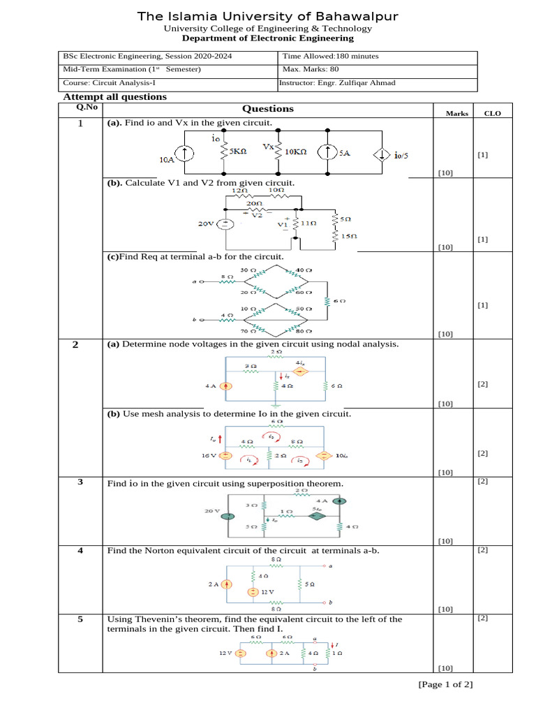 Circuit 1 Midterm Paper | PDF | Electromagnetism | Analog Circuits
