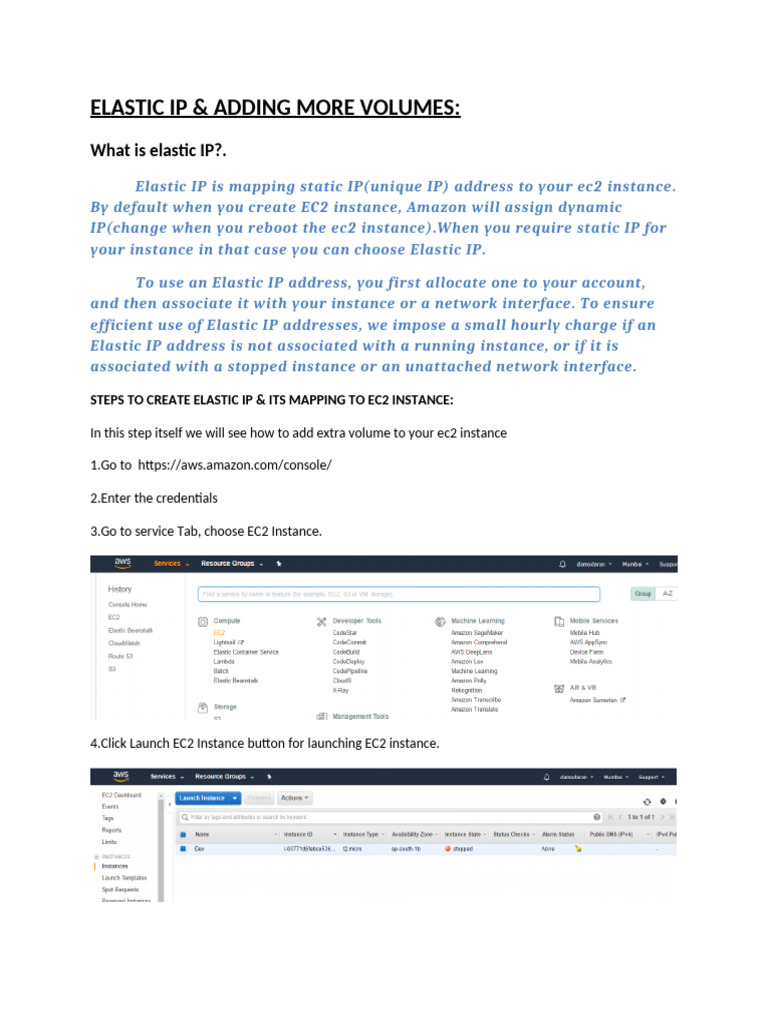ELASTIC IP Creation - Adding Extra Volume | PDF