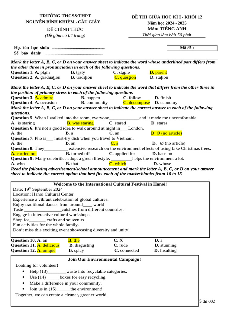 ĐỀ THI GKI K12 2024-2025 | PDF
