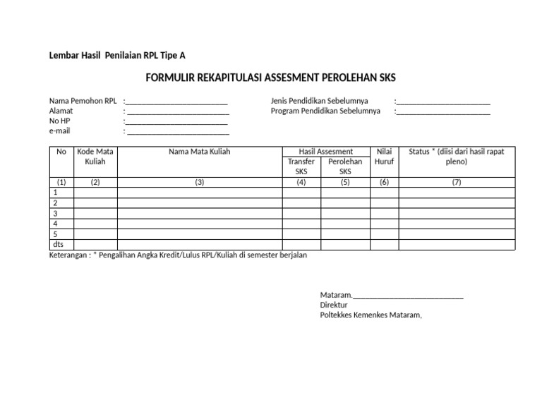 Form Rekapitulasi Hasil Assesment RPL | PDF