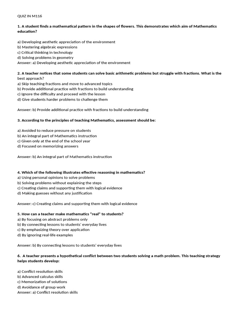 Quiz in M116 Answer Key | PDF | Mathematics | Teachers