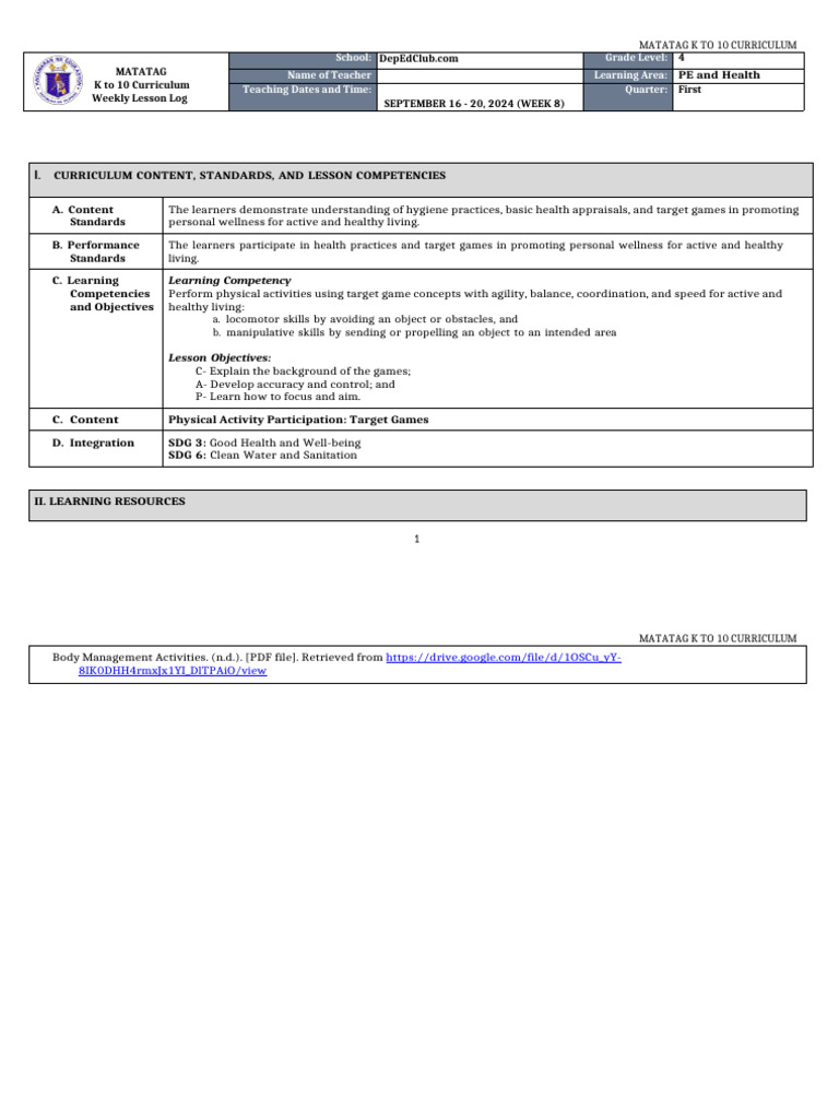 DLL Matatag - Pe & Health 4 Q1 Week 7-8 | PDF