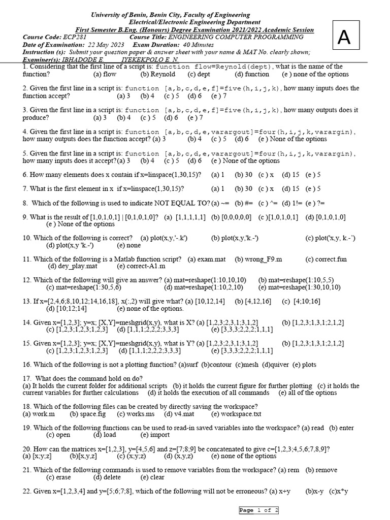 Matlab Uniben Exam Questions | PDF