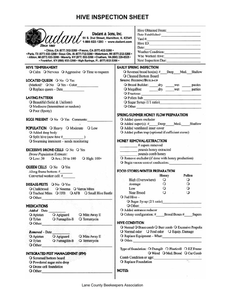Dadant Hive Inspection Sheet | PDF