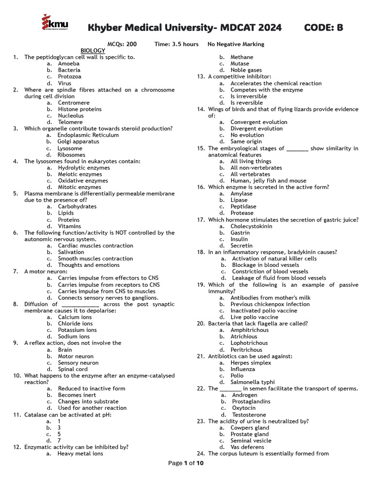KMU MDCAT Paper B 2024 | PDF