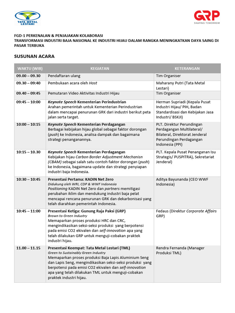 Susunan Acara FGD-1 Green FlatSteel Group | PDF