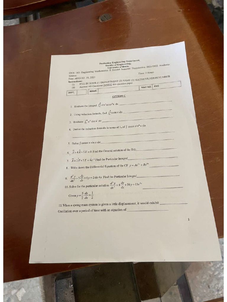 Engineering Math Pass Questions Uniben | PDF