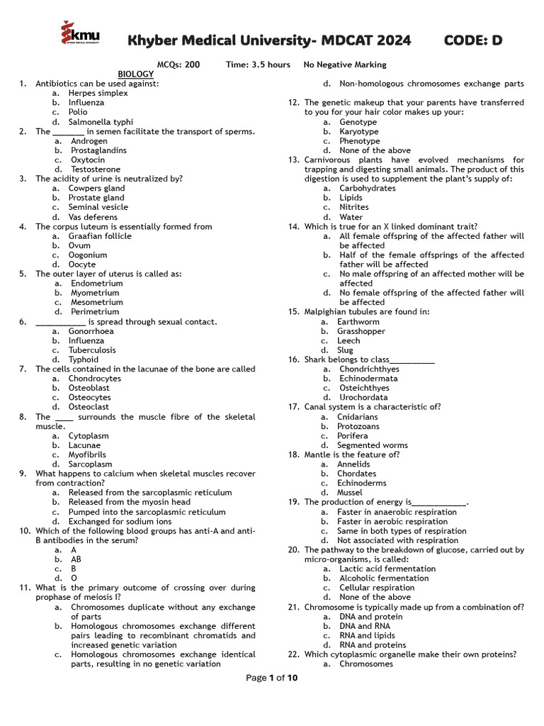 KMU MDCAT Paper D 2024 | PDF
