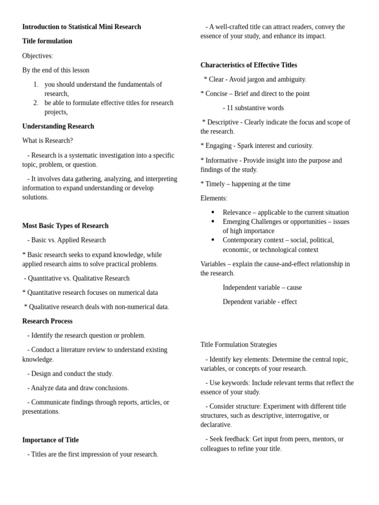 Lesson 1 Introduction To Statistical Mini Research | PDF