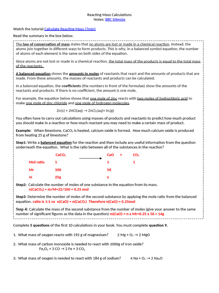 1a. Reacting Mass Calculations 2021 | PDF