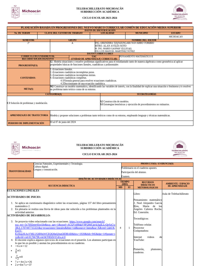 Pensamiento Matemático II Progresion 12 Completa | PDF | Factorización | Ecuaciones