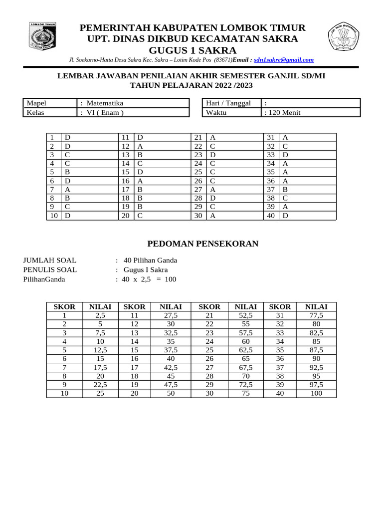 Kunci Soal Mat Pas 2022 | PDF
