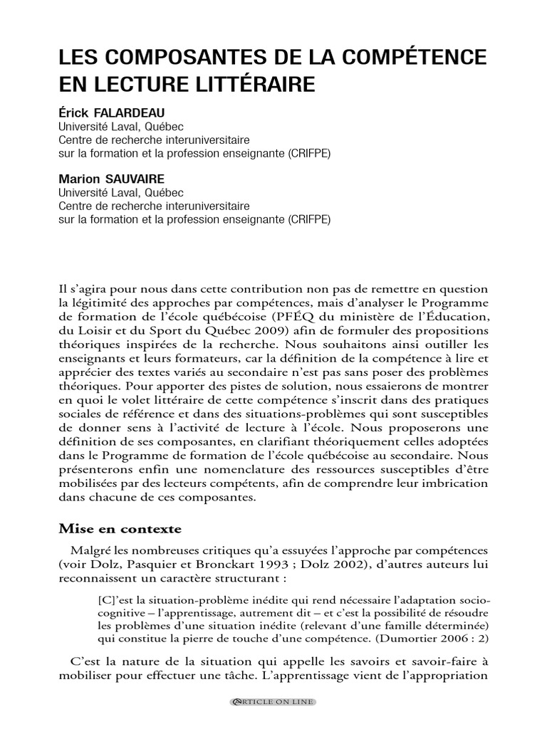 Les Composantes de La Competence en Lecture Litteraire | PDF