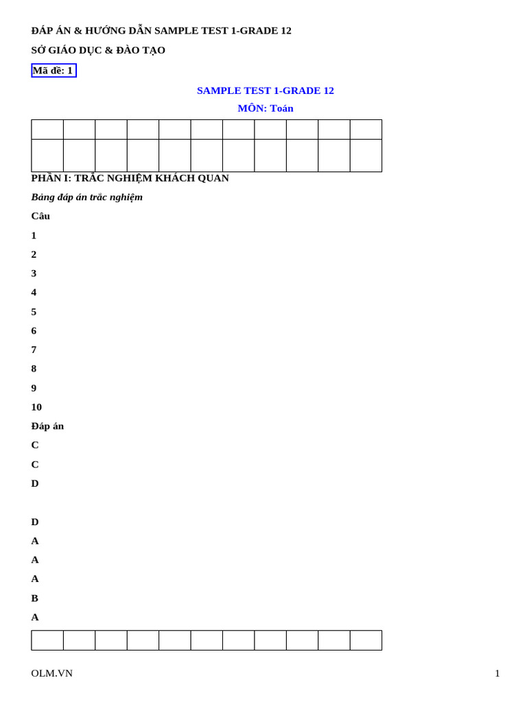 Fsample Test 1 Grade 12 Dap an | PDF