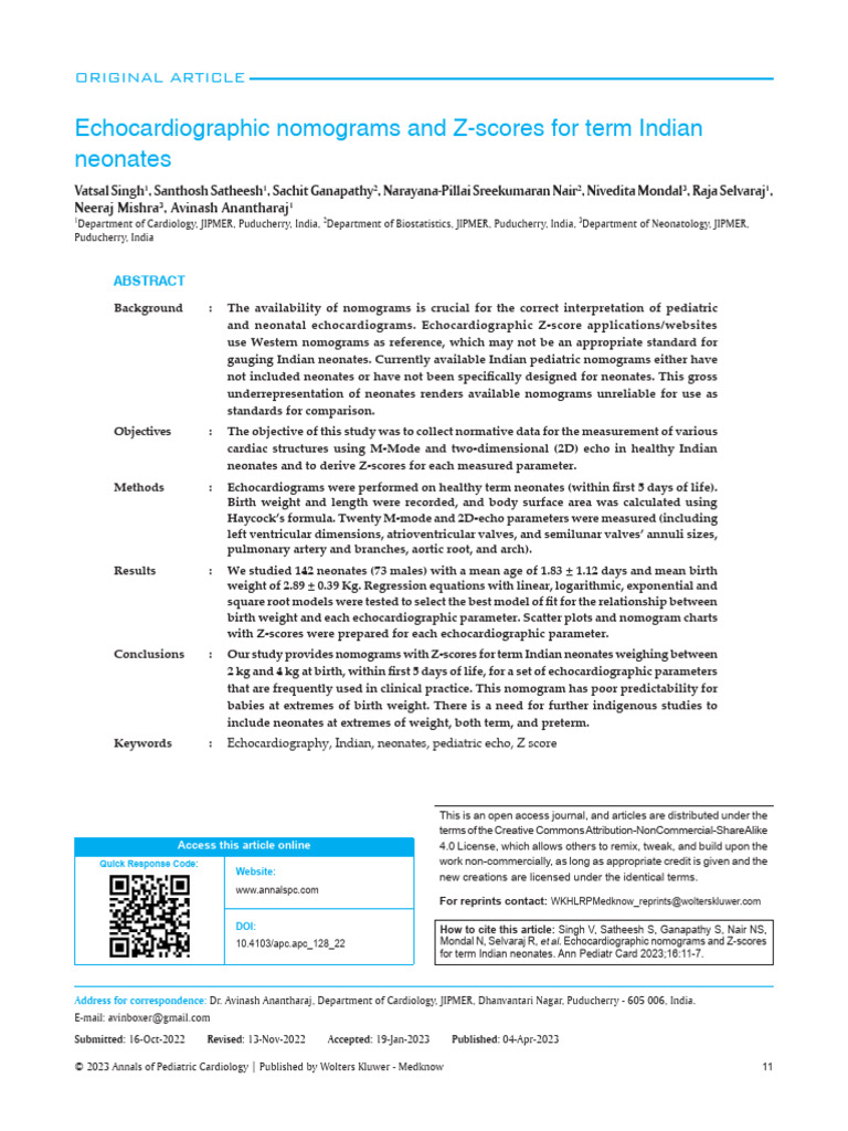 Echocardiographic Nomograms and Z Scores For Term Indian Neonates | PDF ...