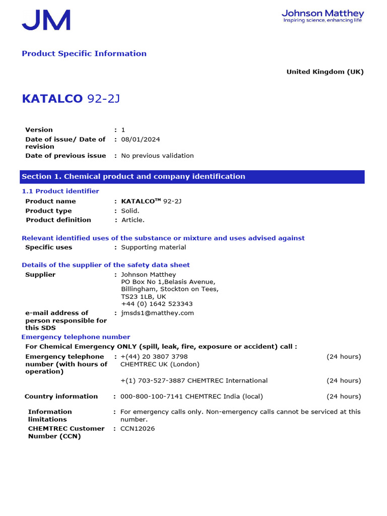 MSDS Katalco 92-2J | PDF