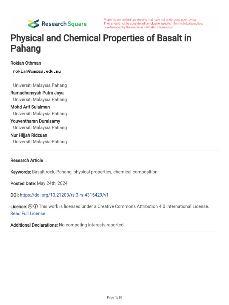 Physical and Chemical Properties of Basalt in Pahang: Rokiah Othman | PDF