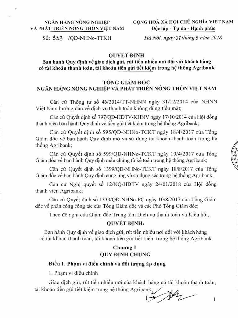 333-QD-NHNo-TTKH 08032018 Quy Dinh Ve Giao Dich Gui Rut Tien Nhieu Noi ...