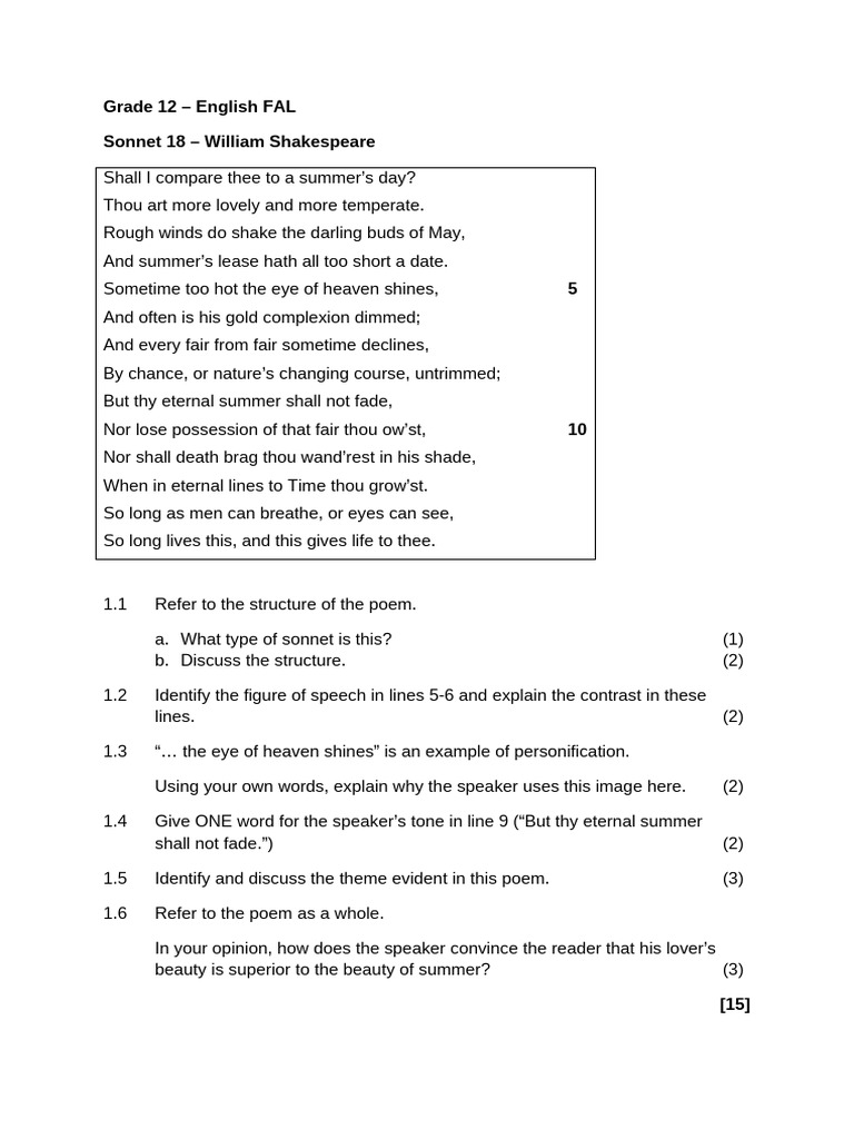GR 12 EFAL Sonnet 18 Q&A | PDF | Sonnets | Stanzaic Form