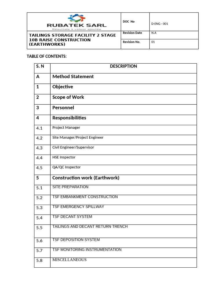 Method Statement - (EARTHWORKS) TAILINGS STOAGE 10B RAISE CONSTRUCTION ...