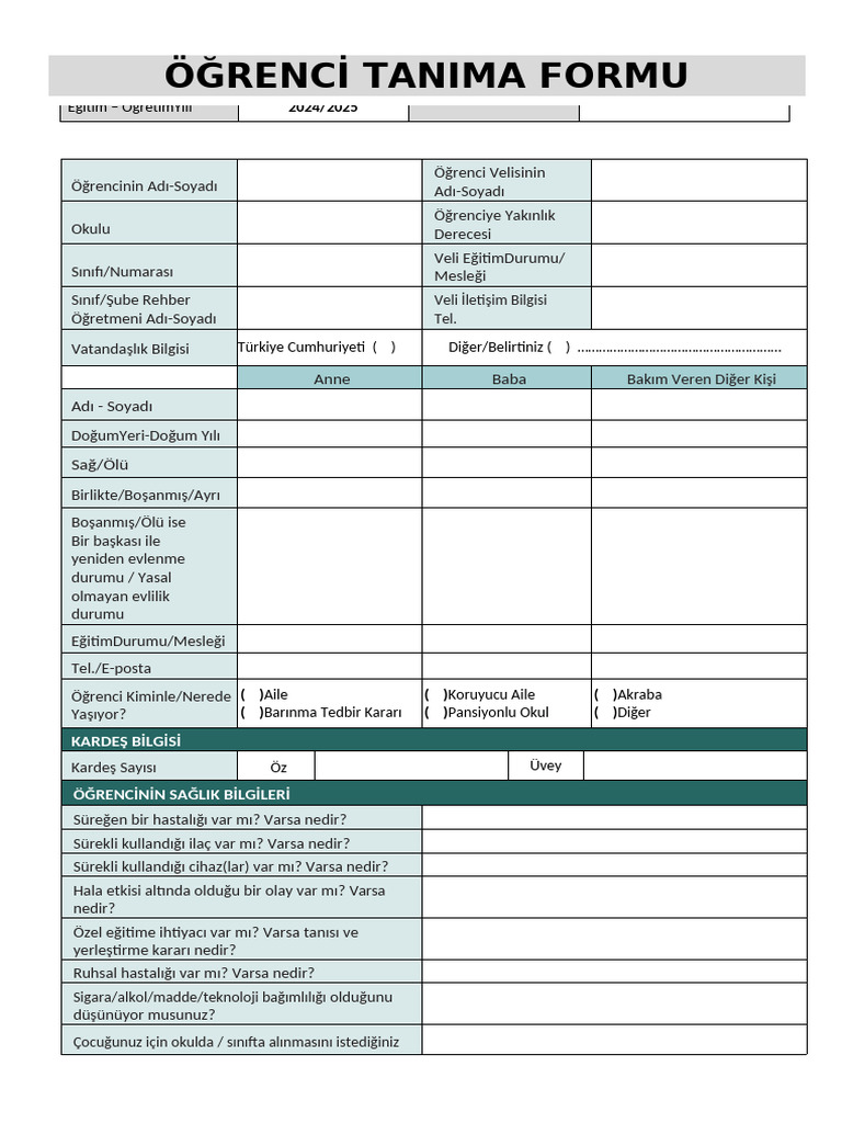 Öğrenci Tanıma Formu | PDF
