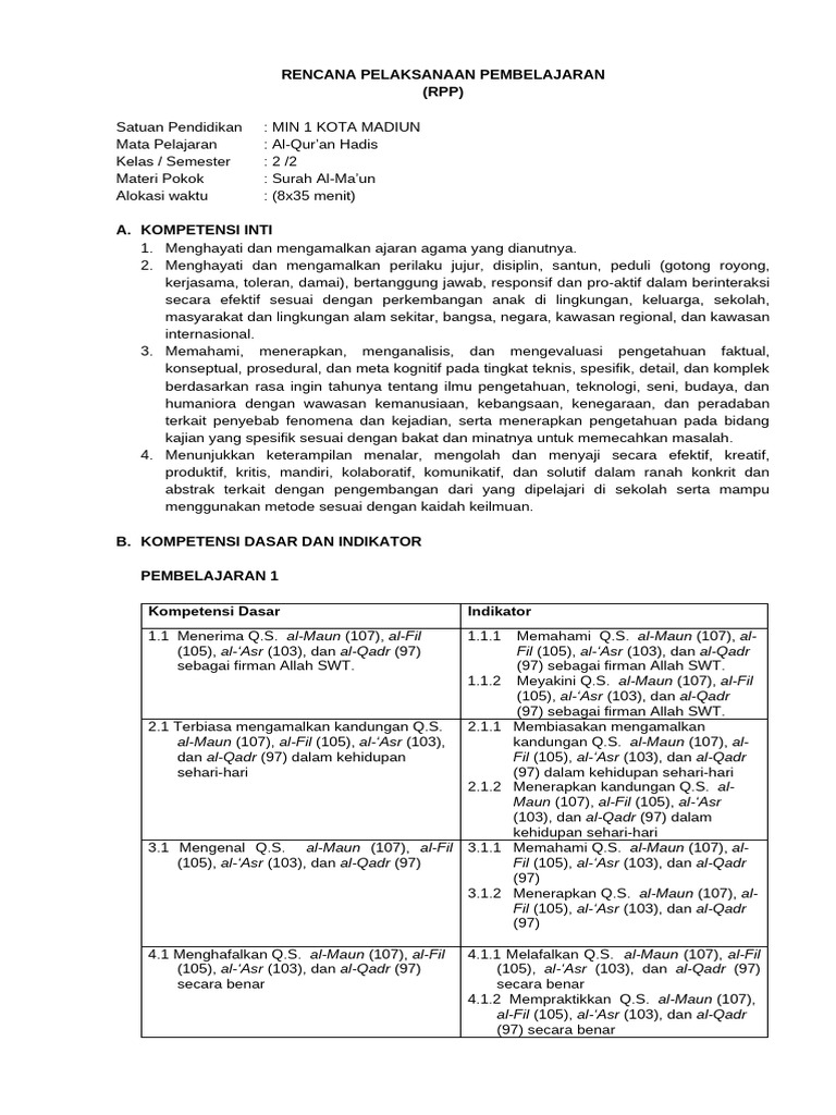 RPP 2 Qur'an Hadist Sampah Ratna | PDF