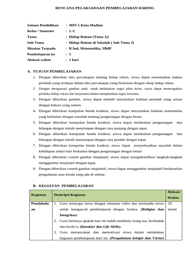 RPP Daring - 2 - Tema 1 ST 3 PB 3 - Kebersihan - Anis | PDF
