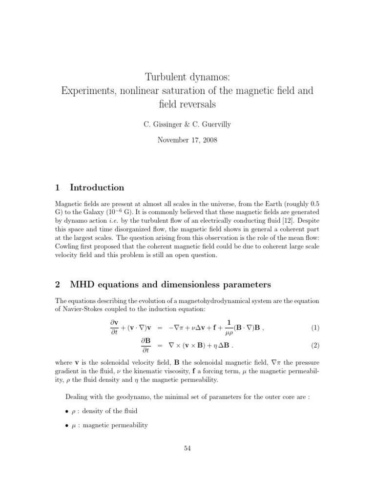 Turbulent Dynamos: Experiments, Nonlinear Saturation of The Magnetic Eld and Eld Reversals | PDF ...