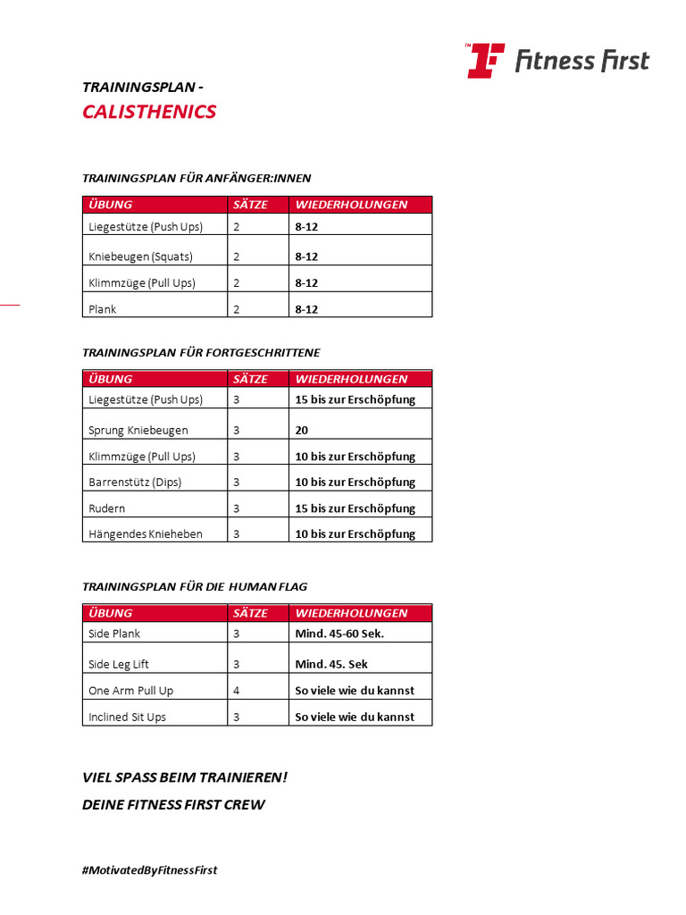 Fitness First Trainingsplan Calisthenics | PDF