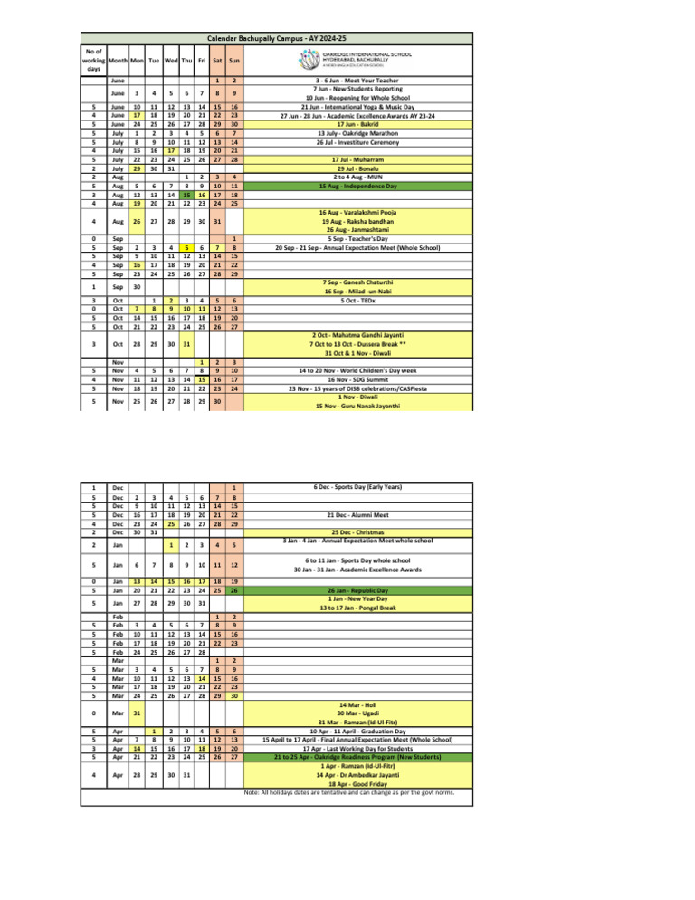 OISB Calendar AY24-25 Oakridge International School Bachupally | PDF | Religious Holidays ...