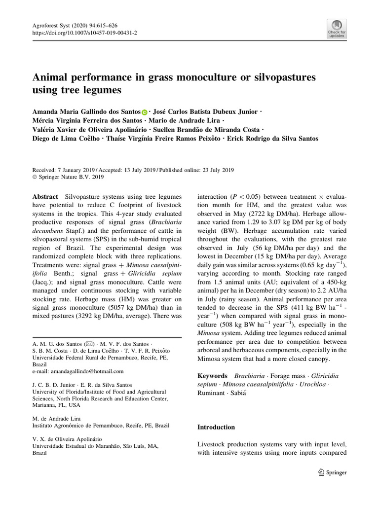 Animal Performance in Grass Monoculture or Silvopastures Using Tree ...