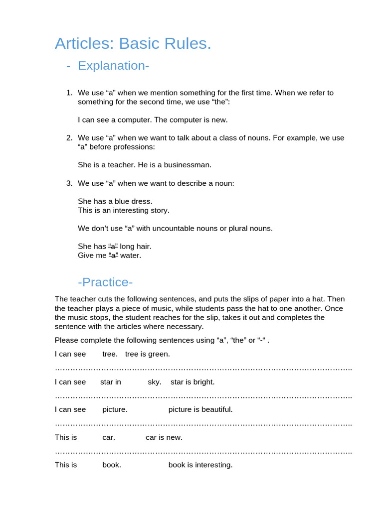Articles Essential Rules Grammar Drills - 116505 | PDF