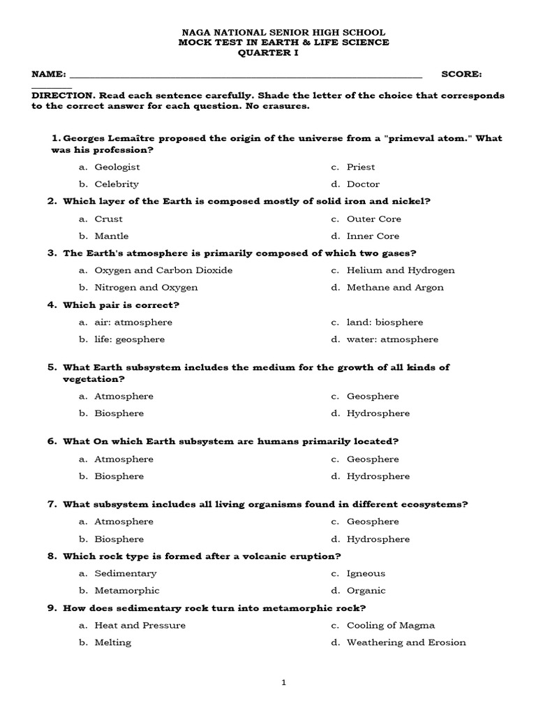 Earth & Life Science Mock Test | PDF | Magma | Igneous Rock
