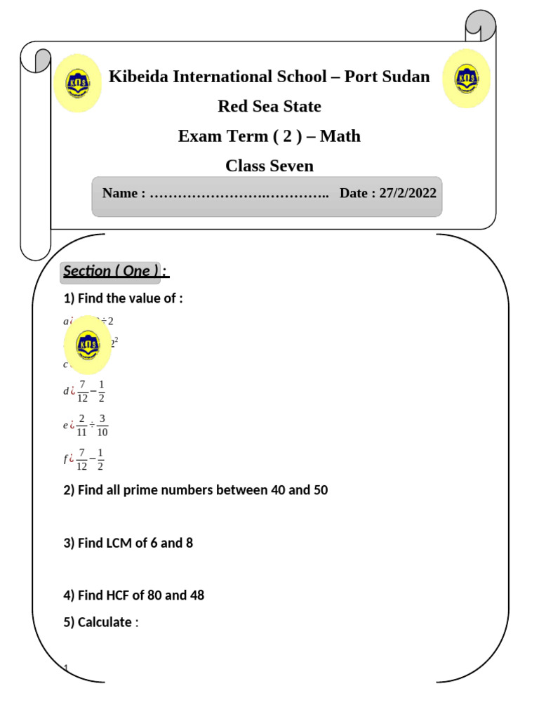 Exam term 2 grade 7 | PDF