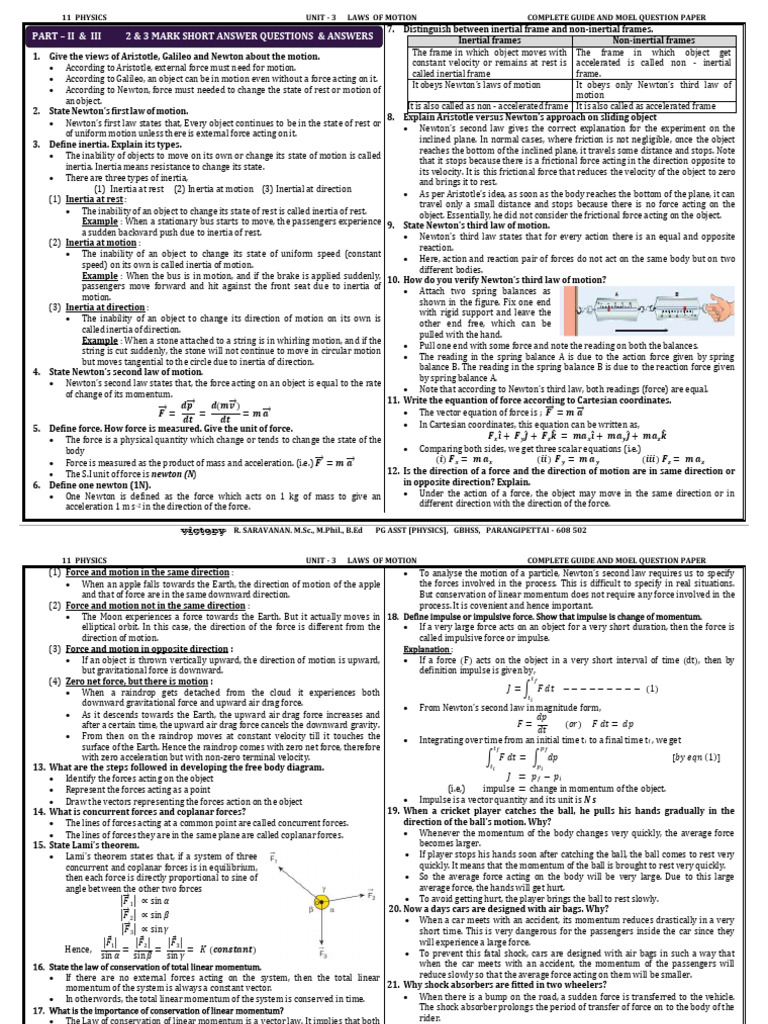 Namma Kalvi 11th Physics Unit 3 Study Material EM - 240921 - 082848 | PDF | Force | Inertia