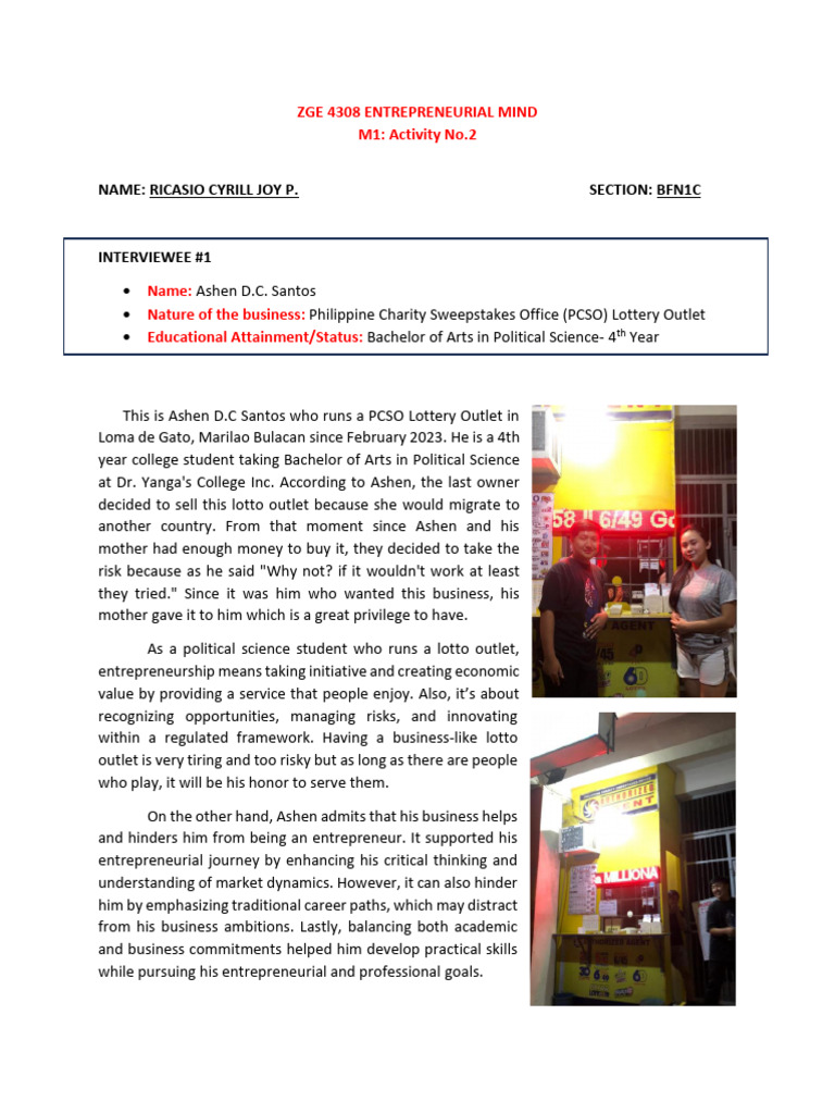 M1-Activity2 Ricasio BFN1C | PDF | Entrepreneurship | Career & Growth