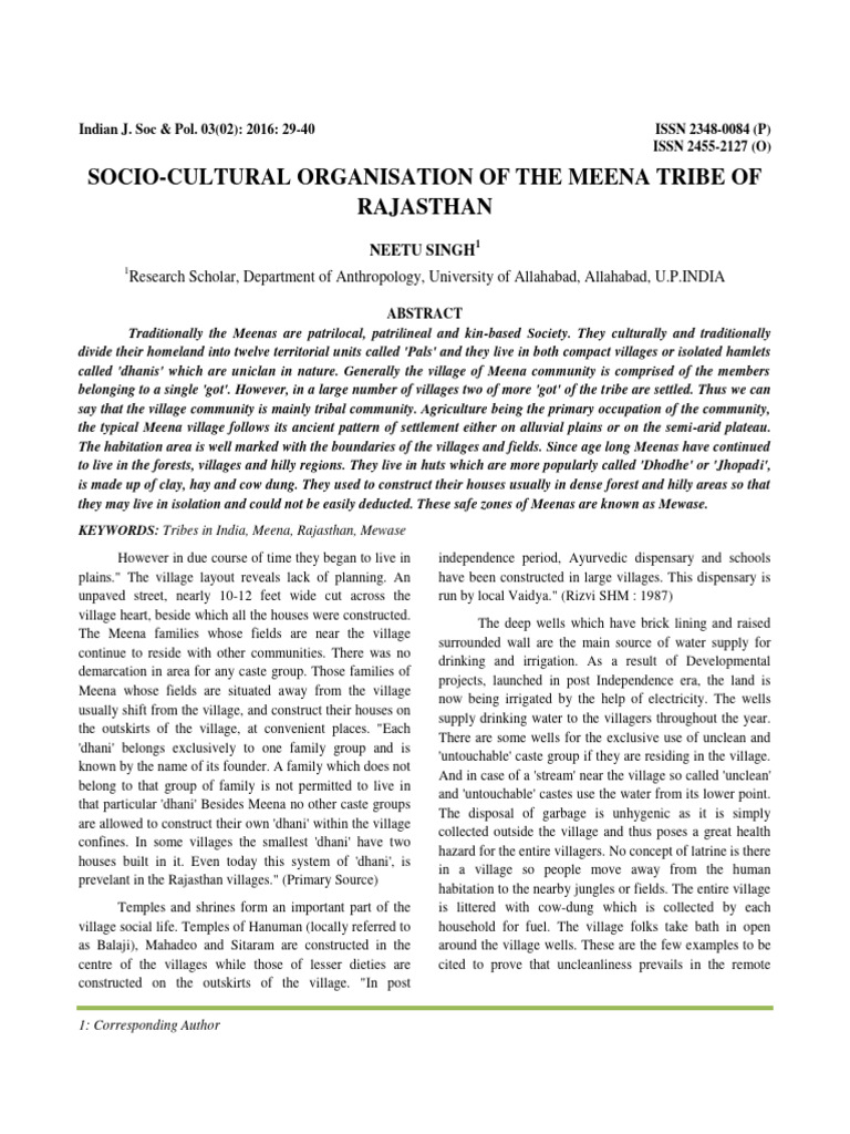 Socio-Cultural Organisations of The Meena Tribe.... | PDF