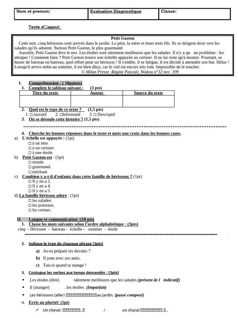 Evaluation Diagnostique Pour La 6eme | PDF