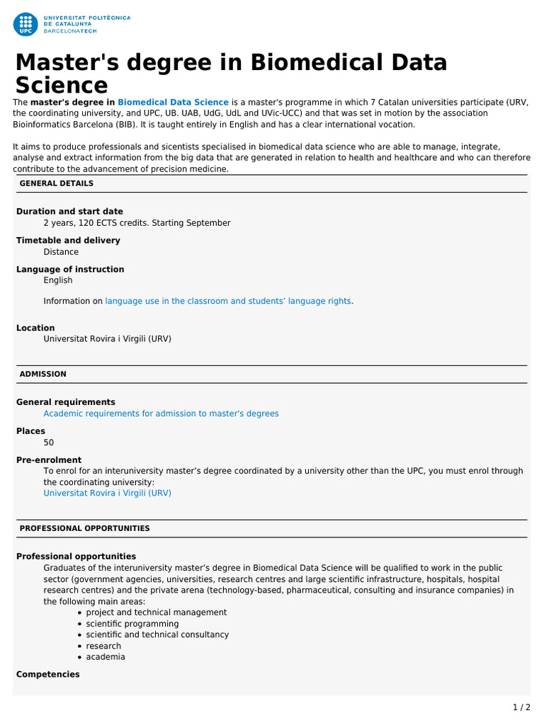 Master's degree in Biomedical Data Science (ETSEIB) | PDF