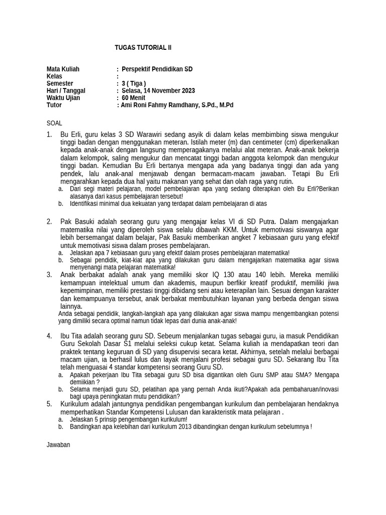 Soal TT 2, Perspektif Pend. SD2 | PDF
