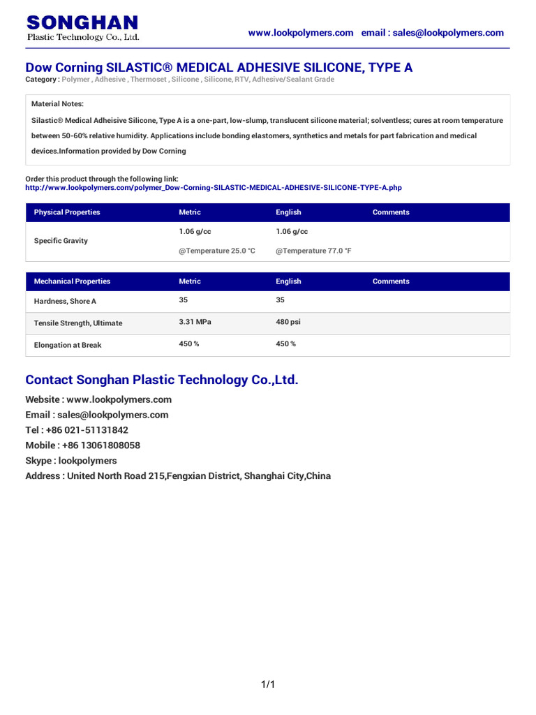 Dow Corning SILASTIC MEDICAL ADHESIVE SILICONE TYPE A | PDF