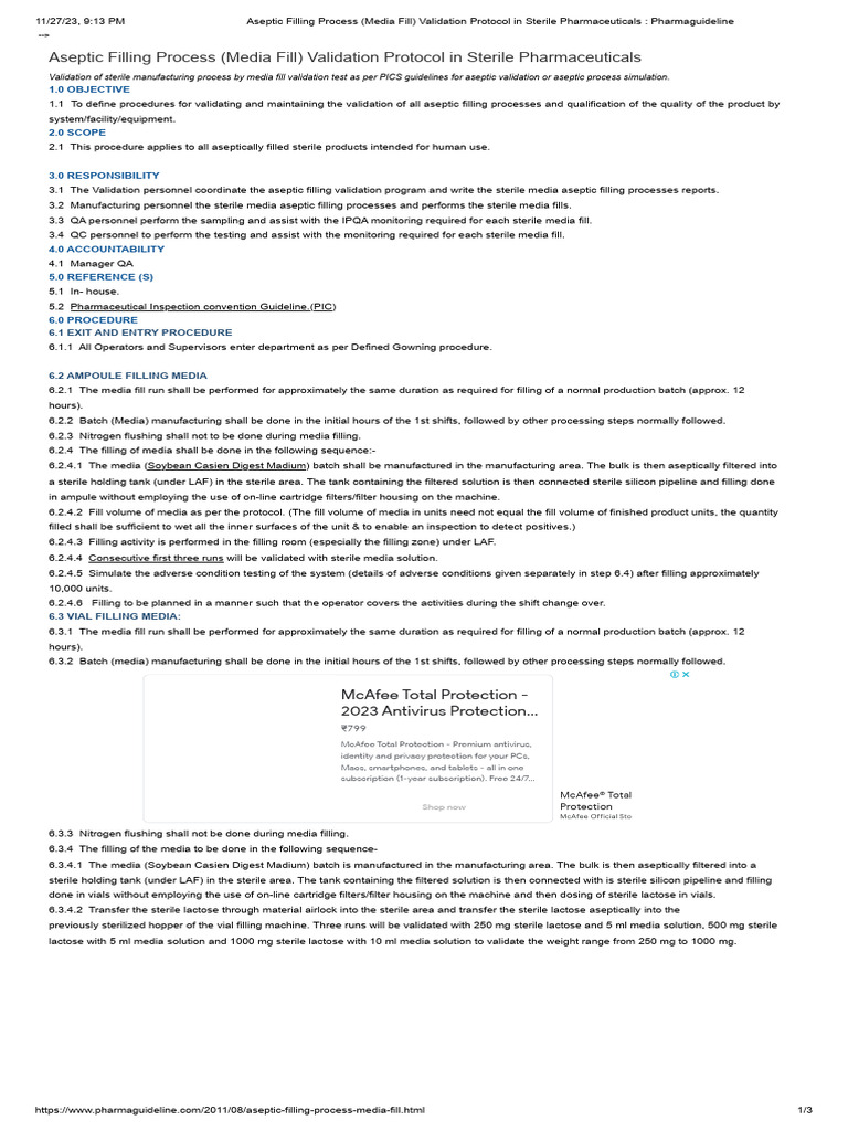 Aseptic Filling Process (Media Fill) Validation Protocol in Sterile ...