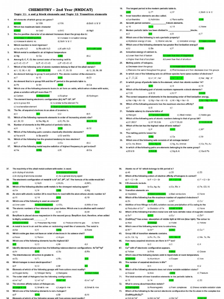 Assignment 11+12 s & p Block and Transition Elements (KEY) | PDF
