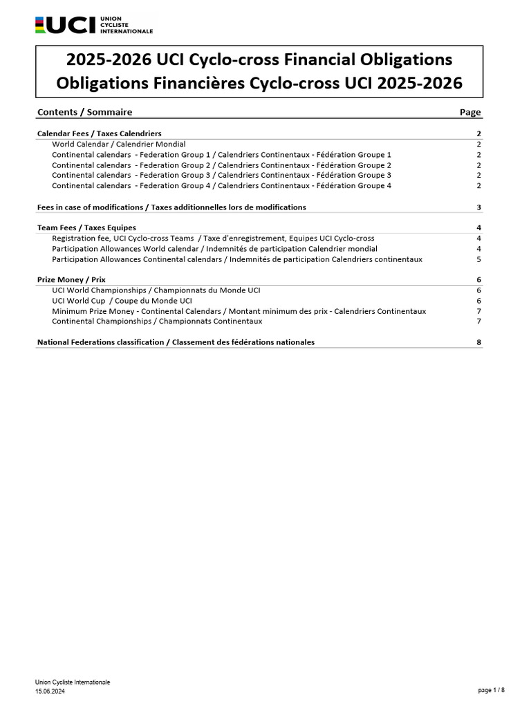 UCI Financial Obligations Cyclo-Cross 2025-2026 | PDF