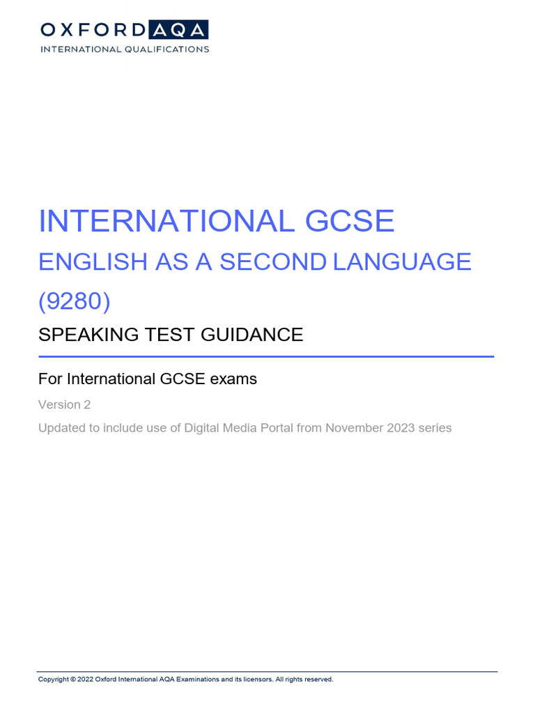 International GCSE English As A Second Language Speaking Test Guidance ...