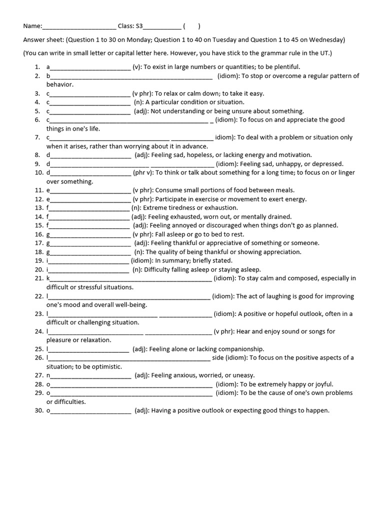 S3 New Words Question 1 To 30 | PDF