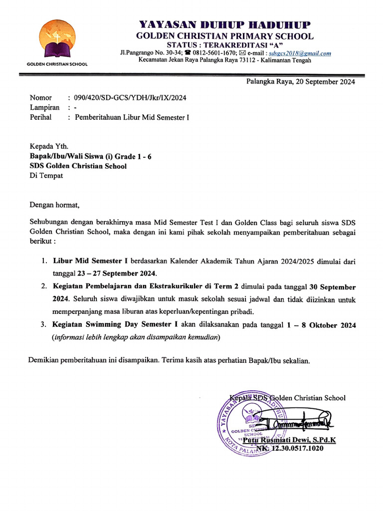 Surat Pemb. Libur Mid Sem. 1 SDS GCS 2024 | PDF