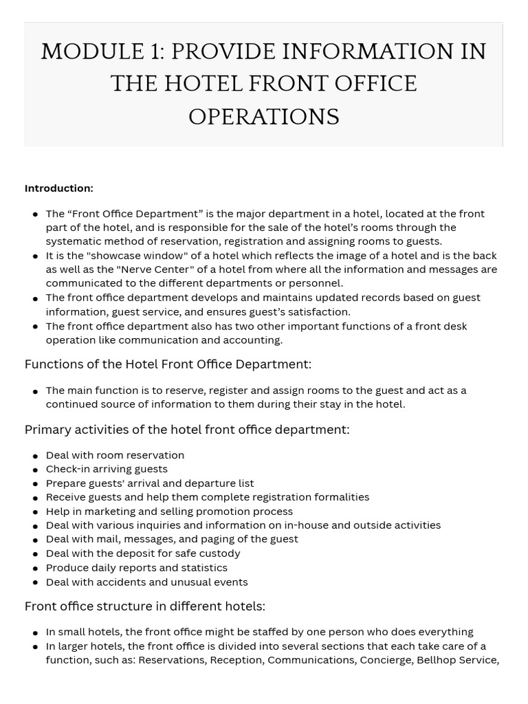MODULE 1 pROVIDE INFORMATION IN THE HOTEL FRONT OFFICE OPERATIONS | PDF ...